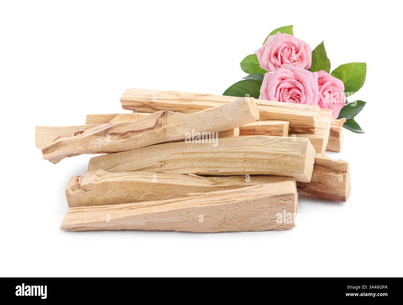 Palo Santo sticks and rose flowers on white background Stock Photo - Alamy