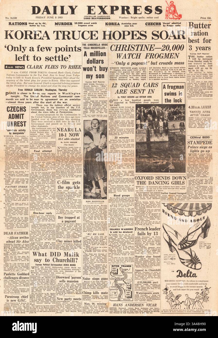 1953 Daily Express front page reporting Korean War and hopes for a ...