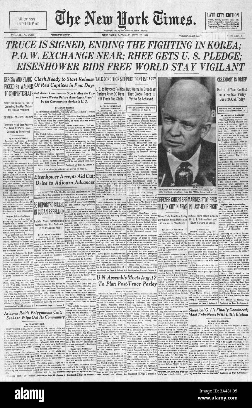 1953 New York Times front page reporting end of Korean War Stock Photo ...
