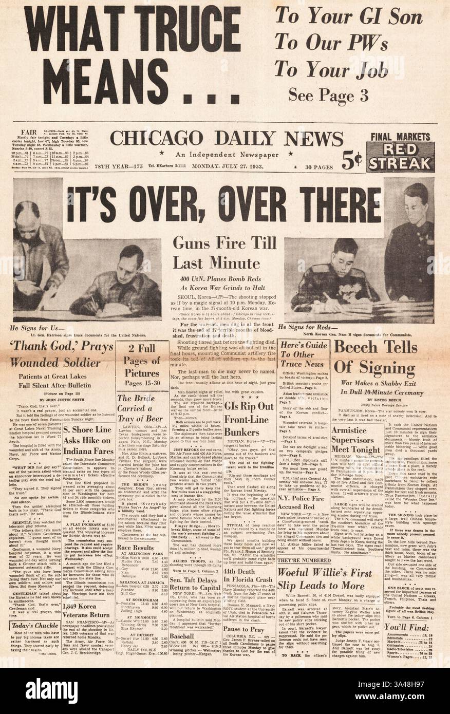 1953 Chicago Daily News front page reporting Cease fire and end of ...