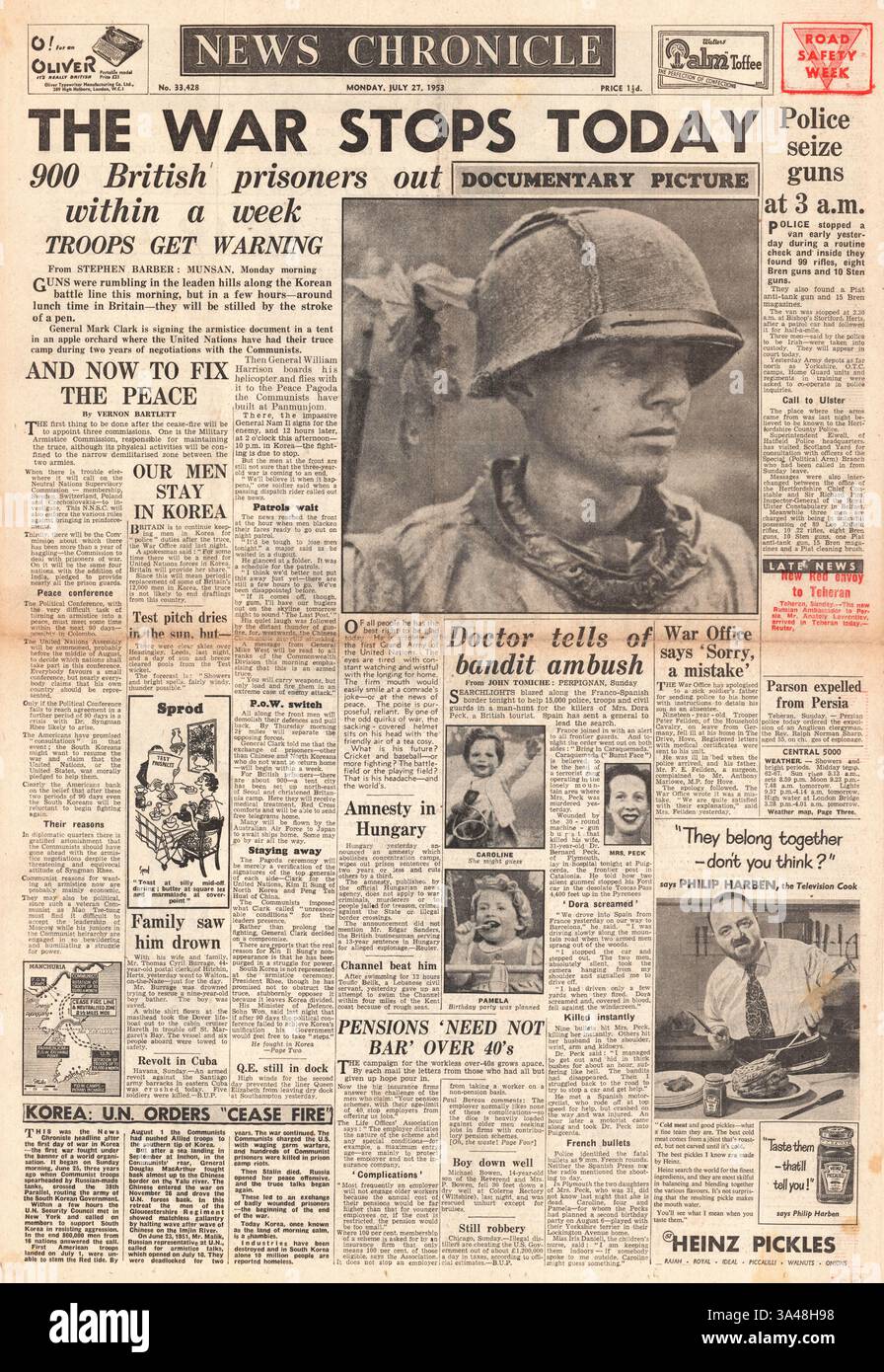 1953 News Chronicle front page reporting end of Korean War Stock Photo ...
