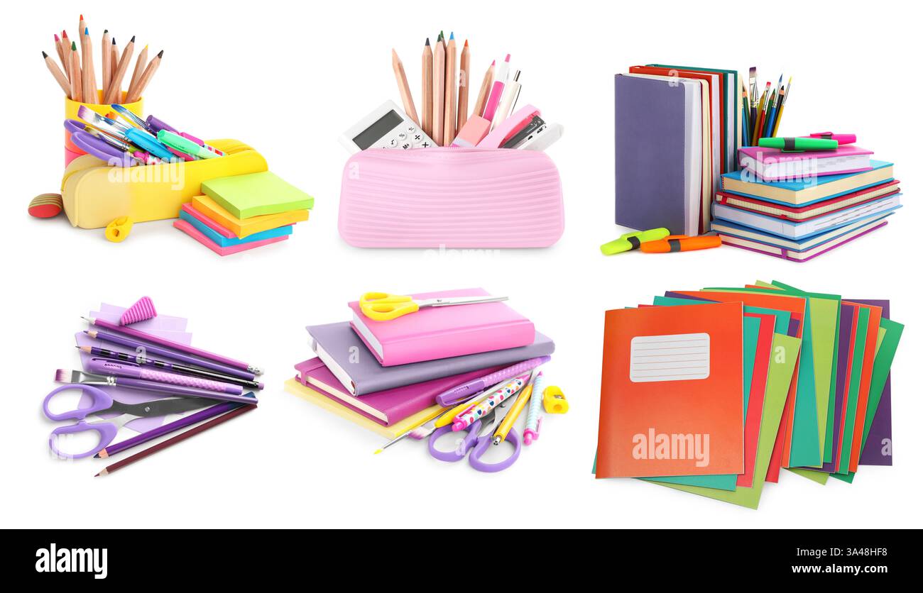 Set of bright school stationery on white background Stock Photo - Alamy