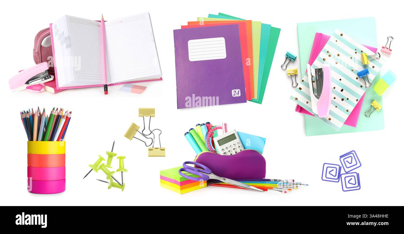 Set of bright school stationery on white background Stock Photo - Alamy