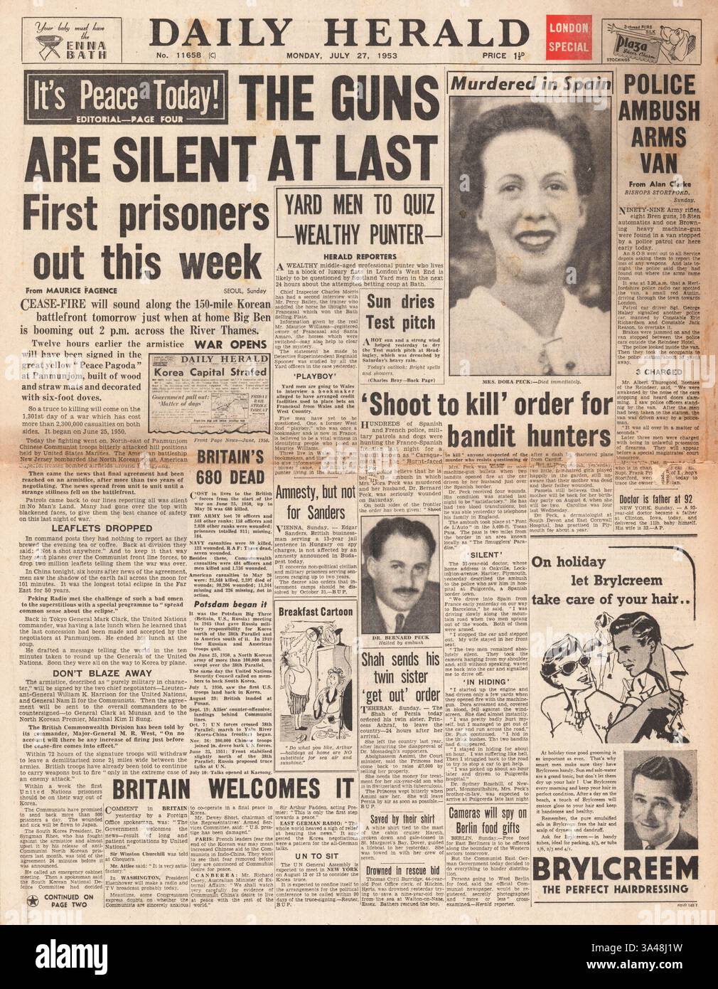 1953 Daily Herald front page reporting Cease fire and end of Korean War ...