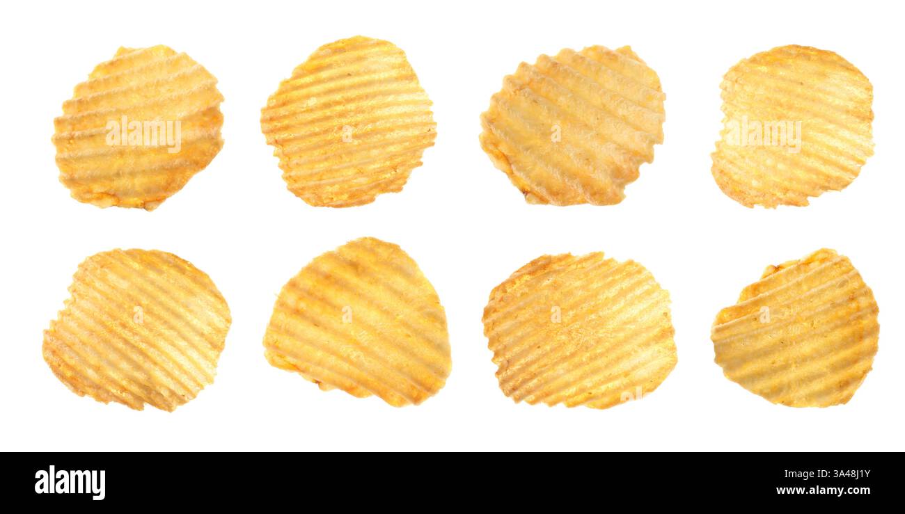 Tasty ridged potato chips on white background, collage Stock Photo - Alamy