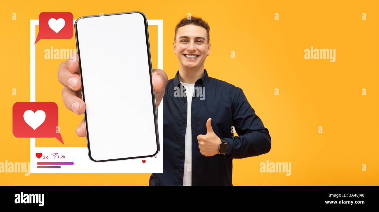 Influencer shows smartphone with social media mockup on vibrant ...