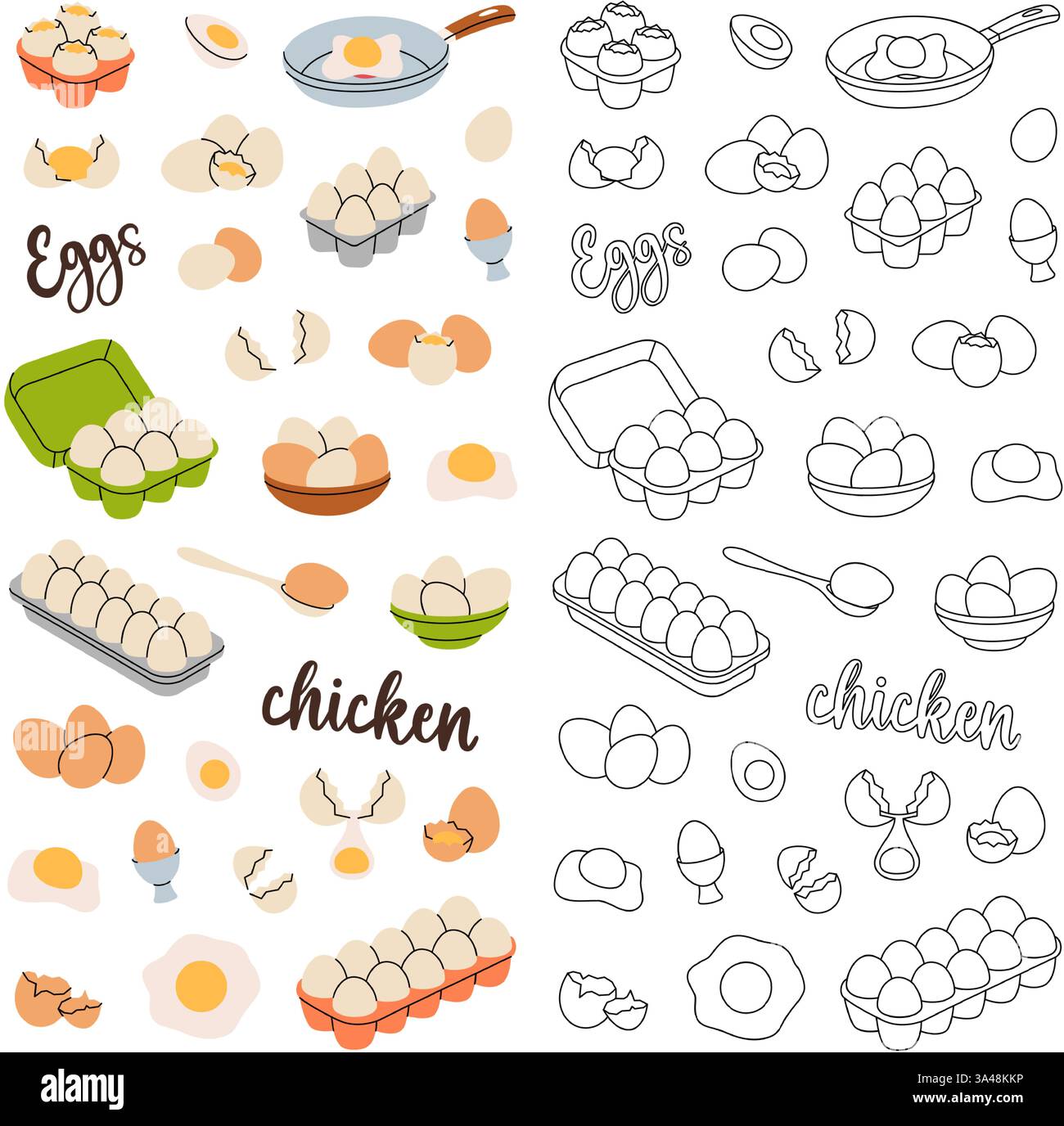 Chicken eggs in vertical banner. Raw and boiled eggs, broken and whole ...