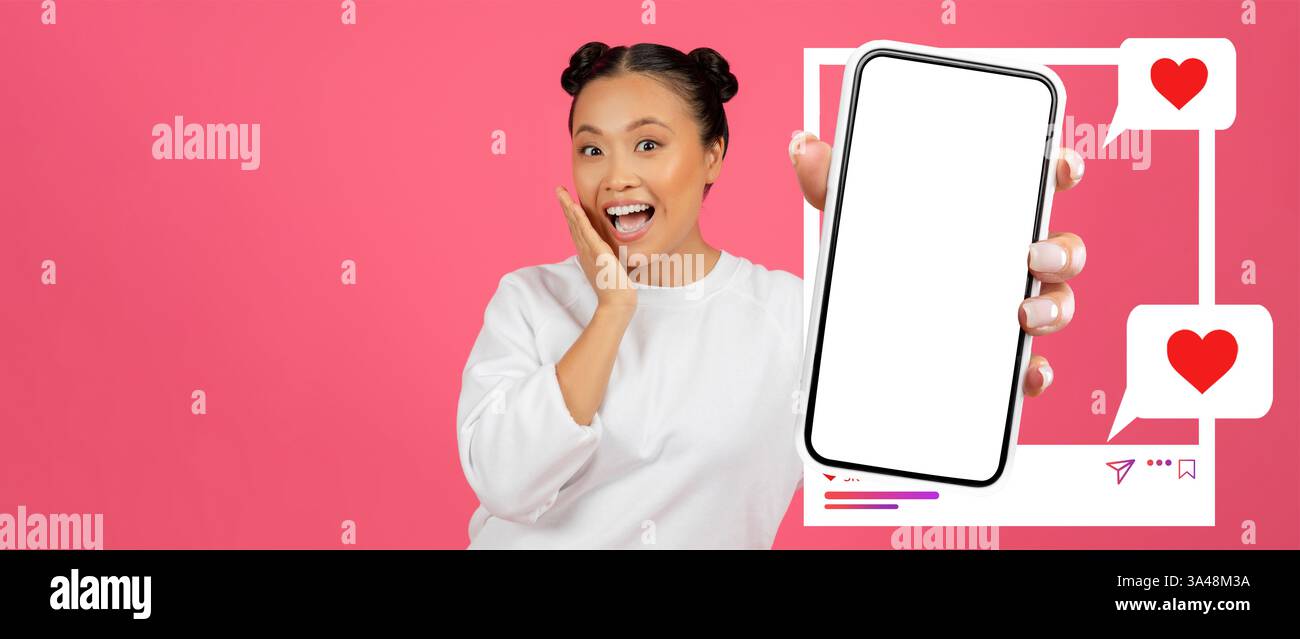 Engaging influencer showcasing smartphone with social media interaction ...