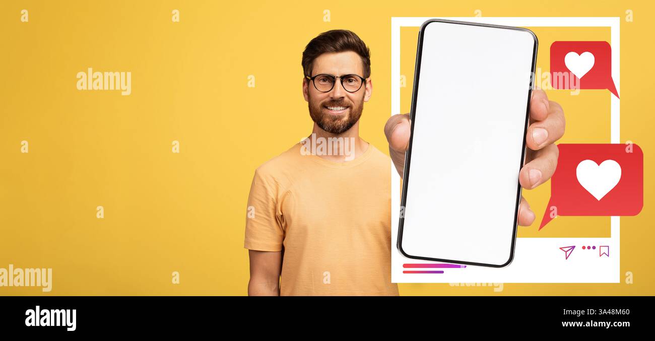 Engaging influencer showcasing smartphone with heart reactions on ...