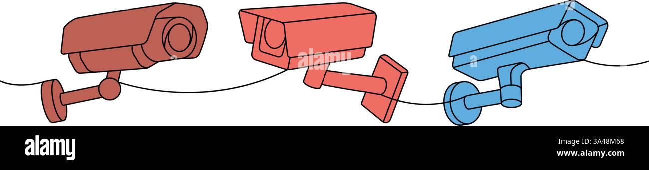 Video cameras one line colored continuous drawing. Home security system ...
