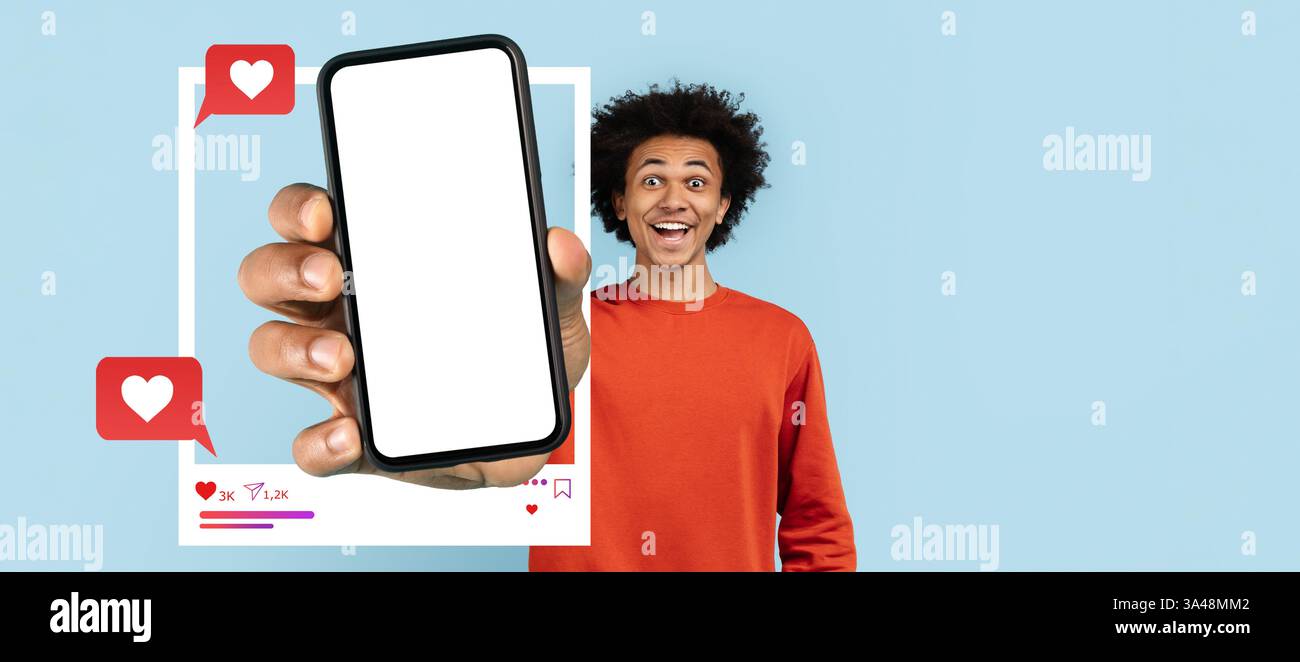 Excited influencer showcases smartphone with social media interactions ...
