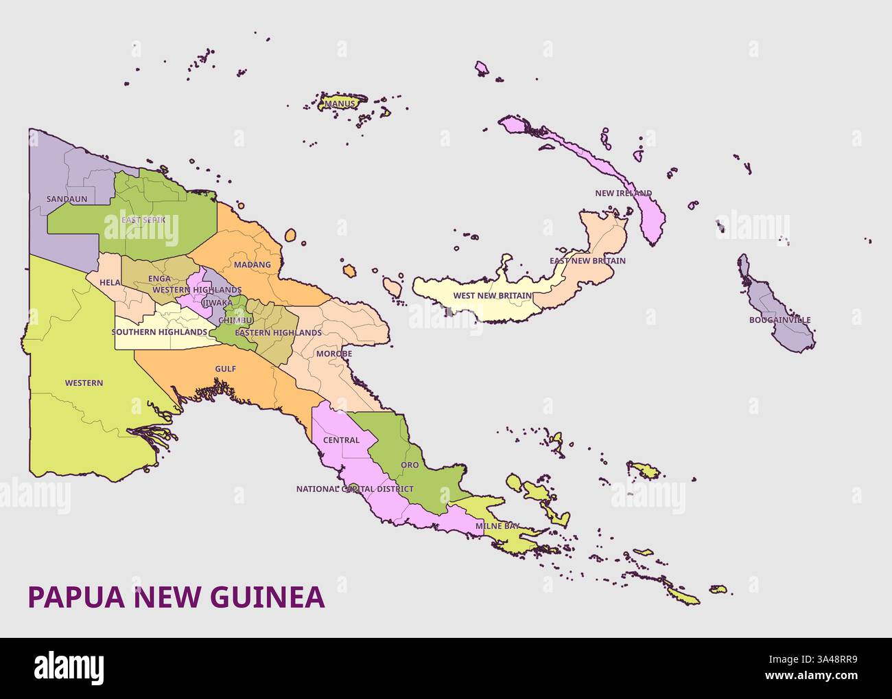 Map of Papua New Guinea showing political regions and provinces Stock ...