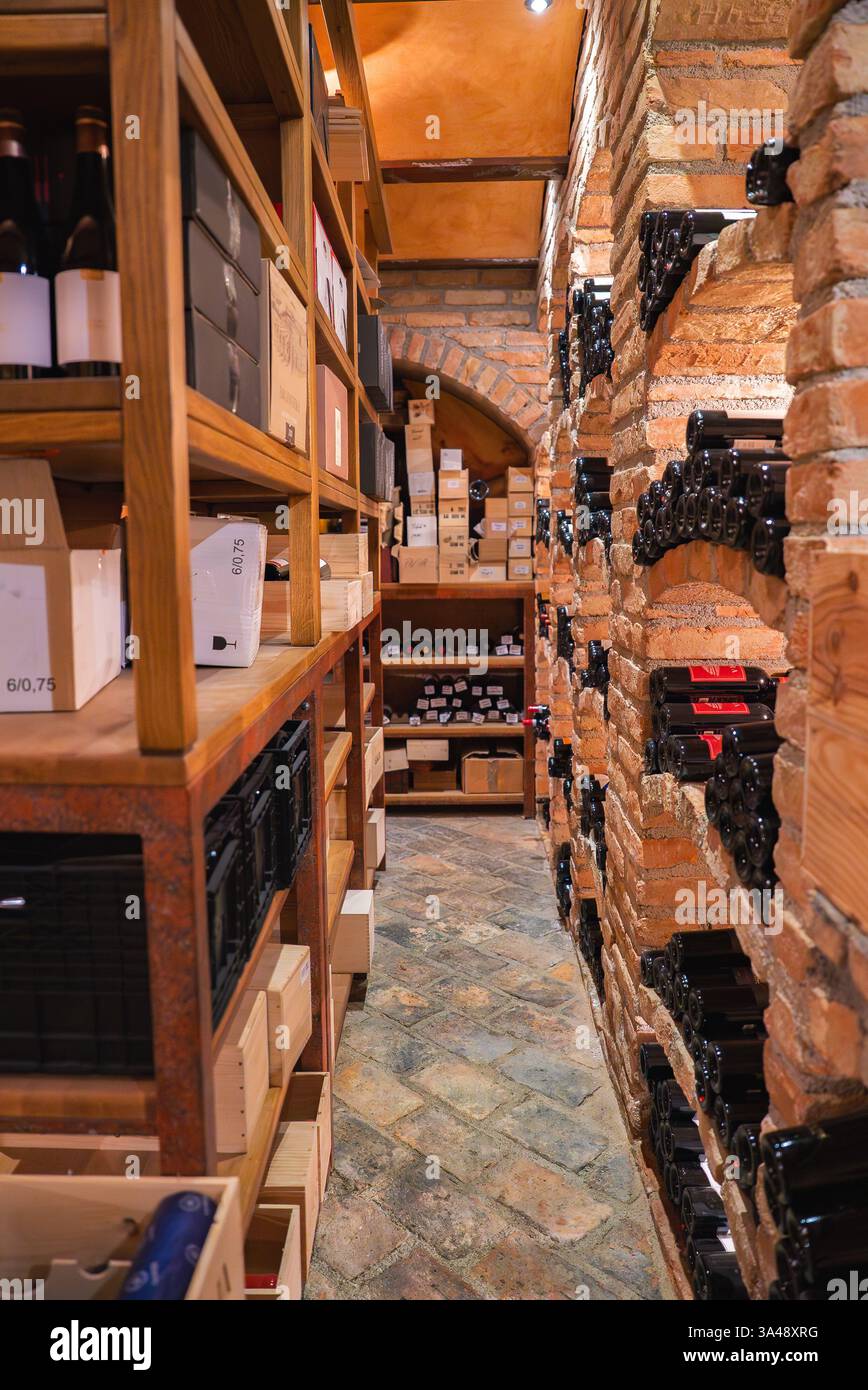 Wine Cellar with Brick Walls and Wooden Racks in Ischgl, Austria Stock ...