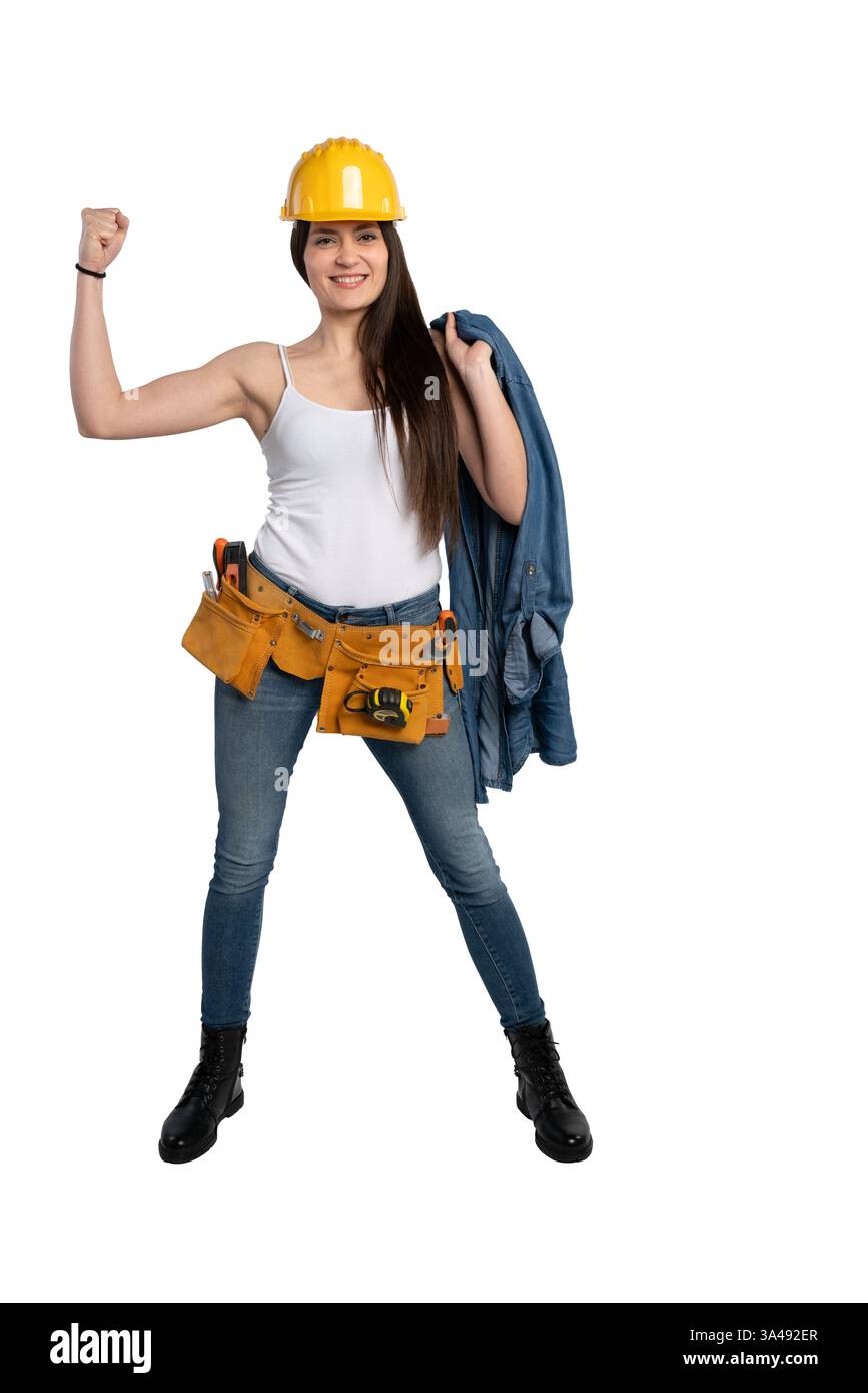 Woman flexes arm construction hi-res stock photography and images - Alamy