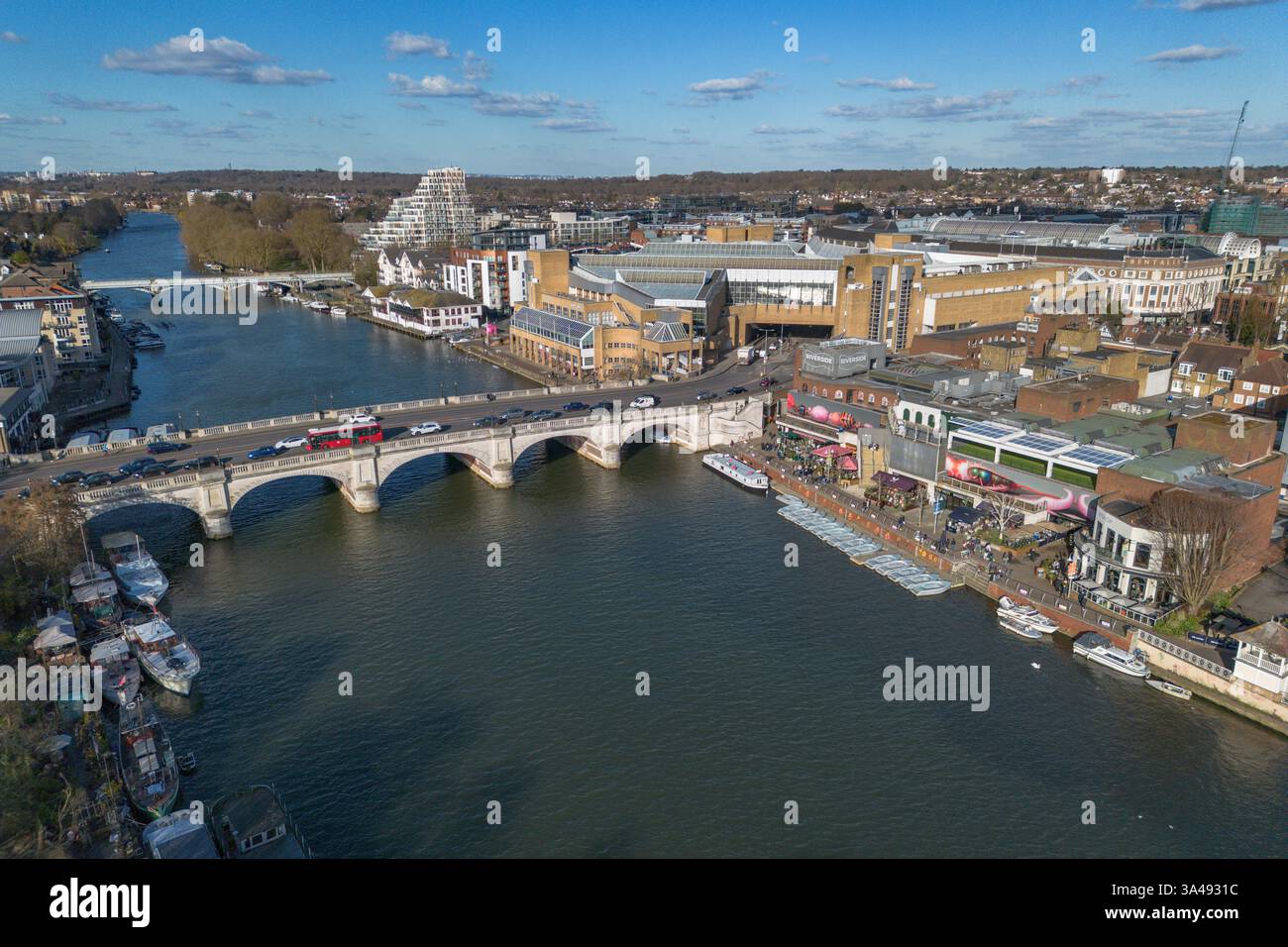 Aerial view of Kingston Bridge on the River Thames at Kingston Upon ...