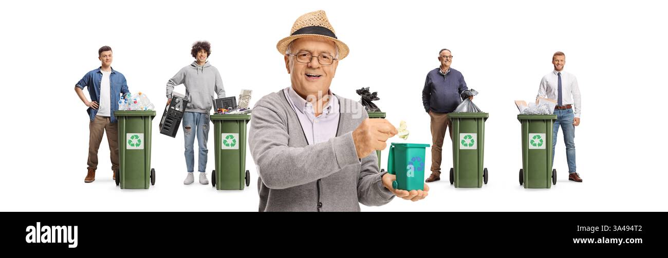 Group of young and older men recycling waste isolated on white ...