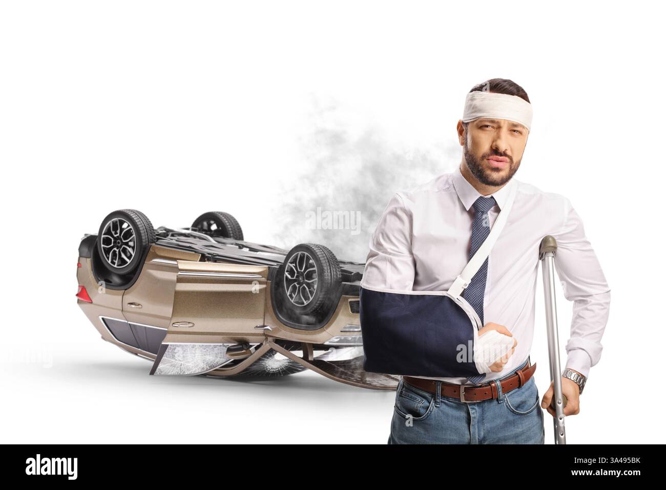 Man with severe injuries from a car crash isolated on white background ...