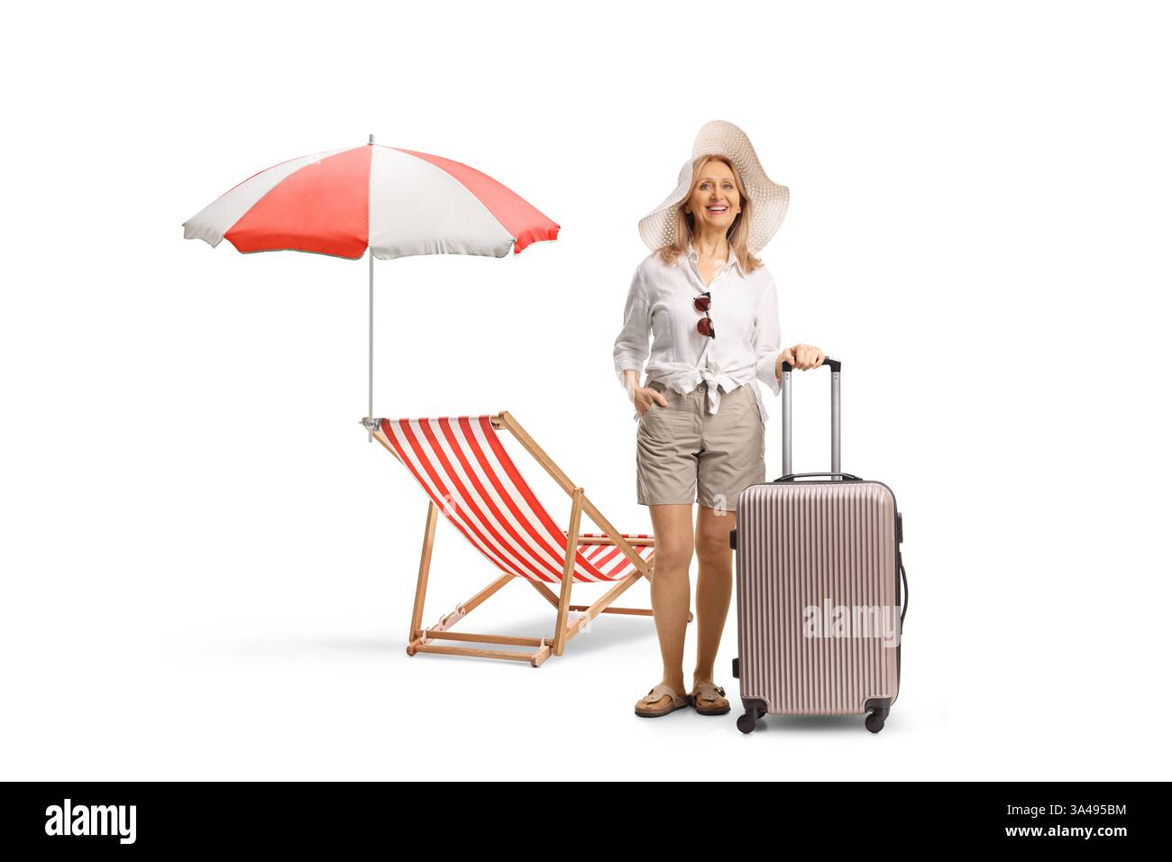 Female tourist on a summer vacation with a suitcase and sun chair and ...