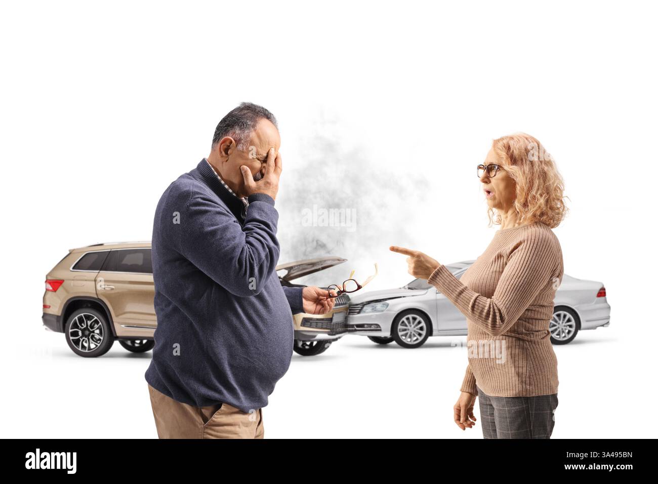 Woman driver arguing with a man after a car collision isolated on white ...