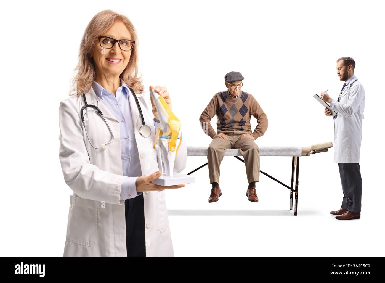 Team of orthopedic doctors talking to a patient with knee problem ...