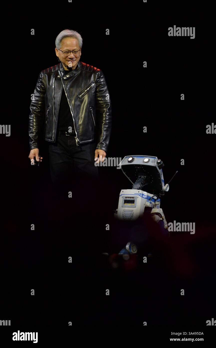 18 March 2025, USA, San Jose: Jensen Huang, head of the chip company ...