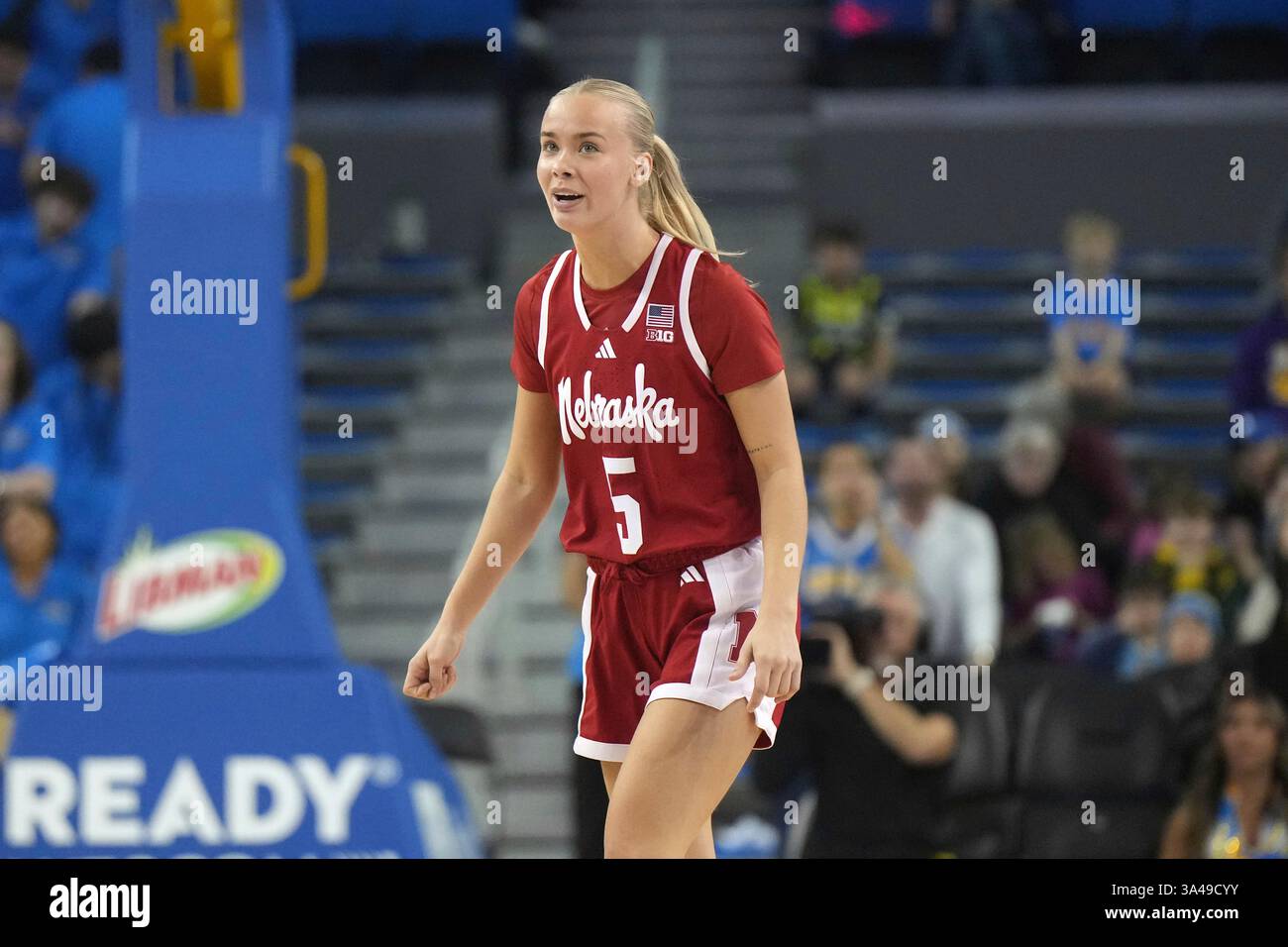 Nebraska Cornhuskers guard Alberte Rimdal (5) reacts against the UCLA ...