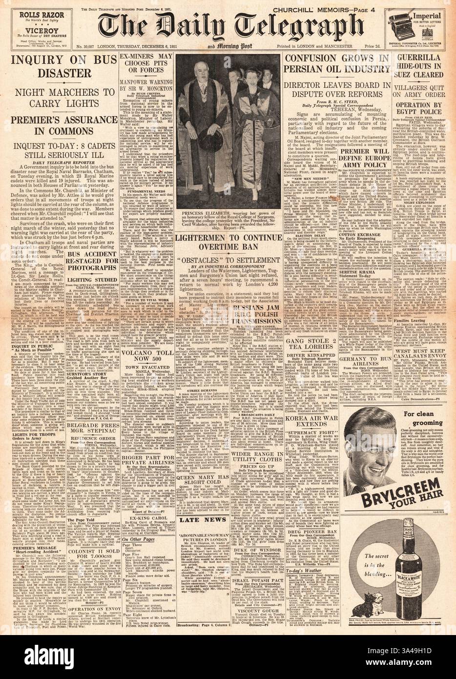 1951 Daily Telegraph front page reporting Gillingham bus disaster Stock ...