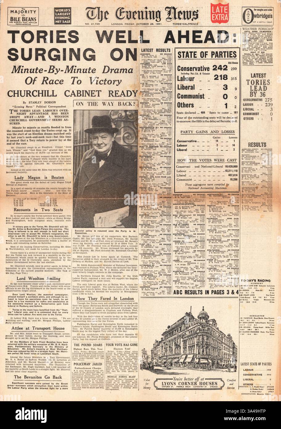 1951 Evening News (London) front page reporting General Election Stock ...
