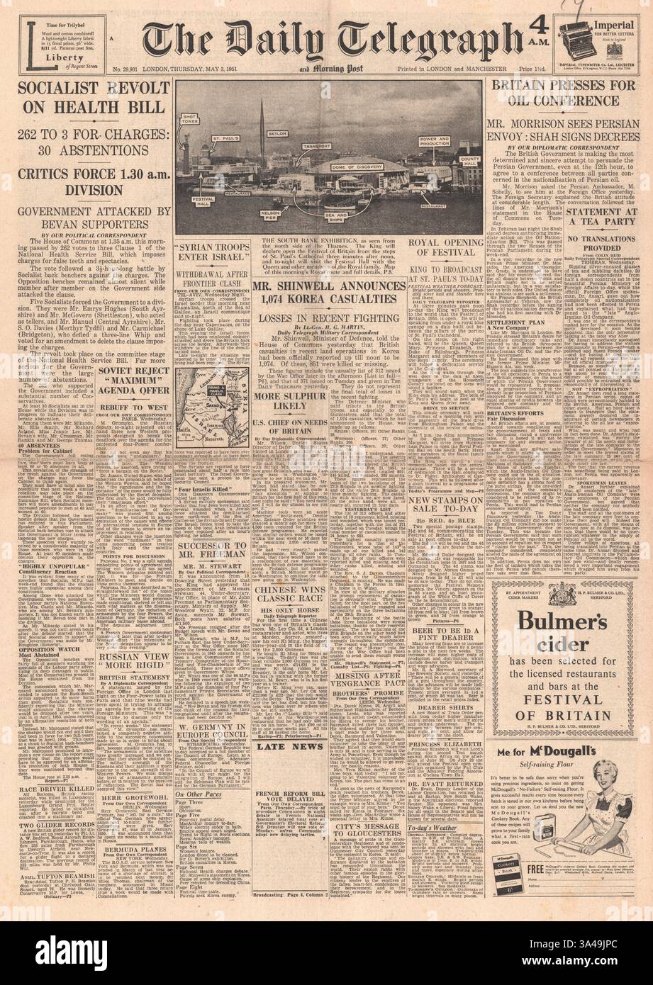 1951 Daily Telegraph front page reporting the Festival of Britain Stock ...