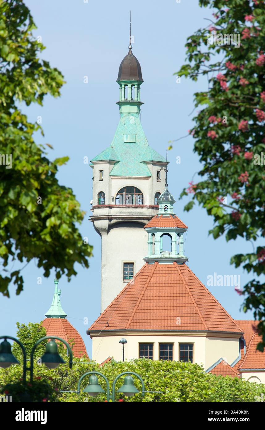 The framed view through trees of 33 meters high historic Sopot ...
