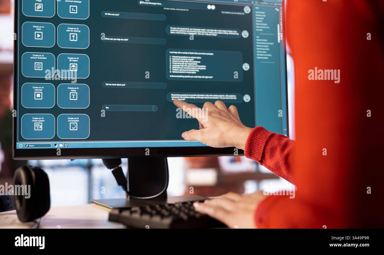 Woman uses AI chatbot system on a computer to guide her through problem ...