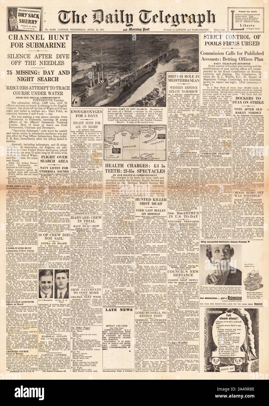 1951 Daily Telegraph front page reporting the HMS Affray disaster Stock ...