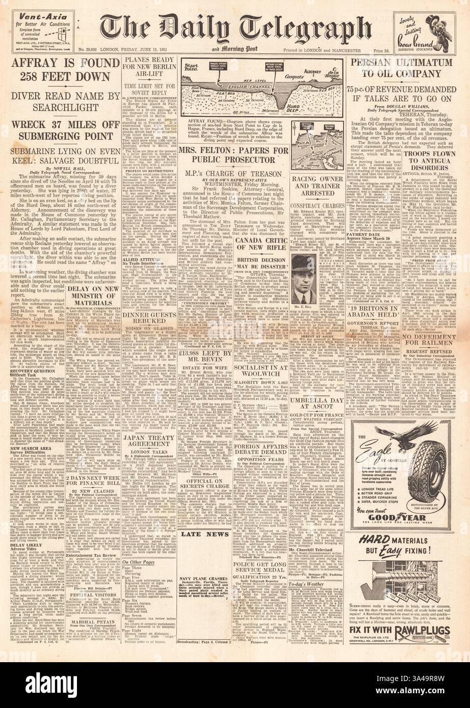 1951 Daily Telegraph front page reporting the HMS Affray disaster Stock ...