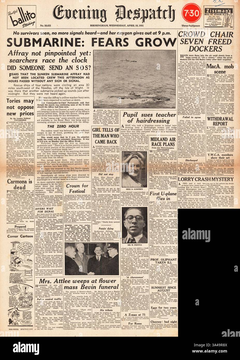 1951 Evening Despatch front page reporting the HMS Affray disaster ...