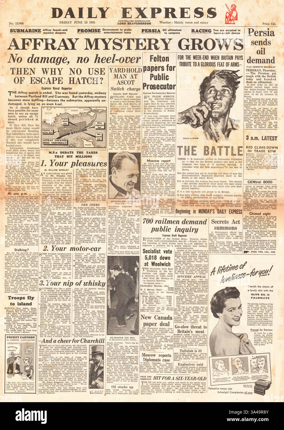 1951 Daily Express front page reporting the HMS Affray disaster Stock ...