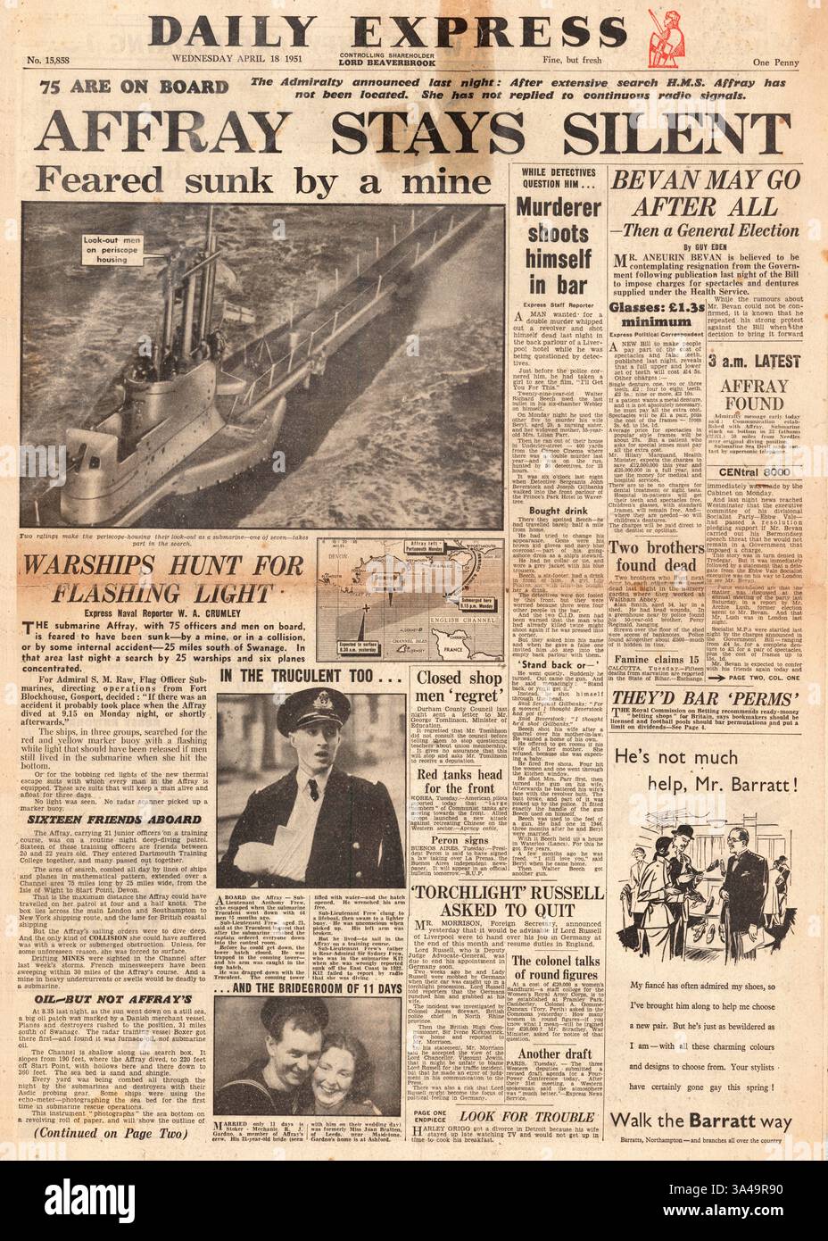 1951 Daily Express front page reporting the HMS Affray disaster Stock ...