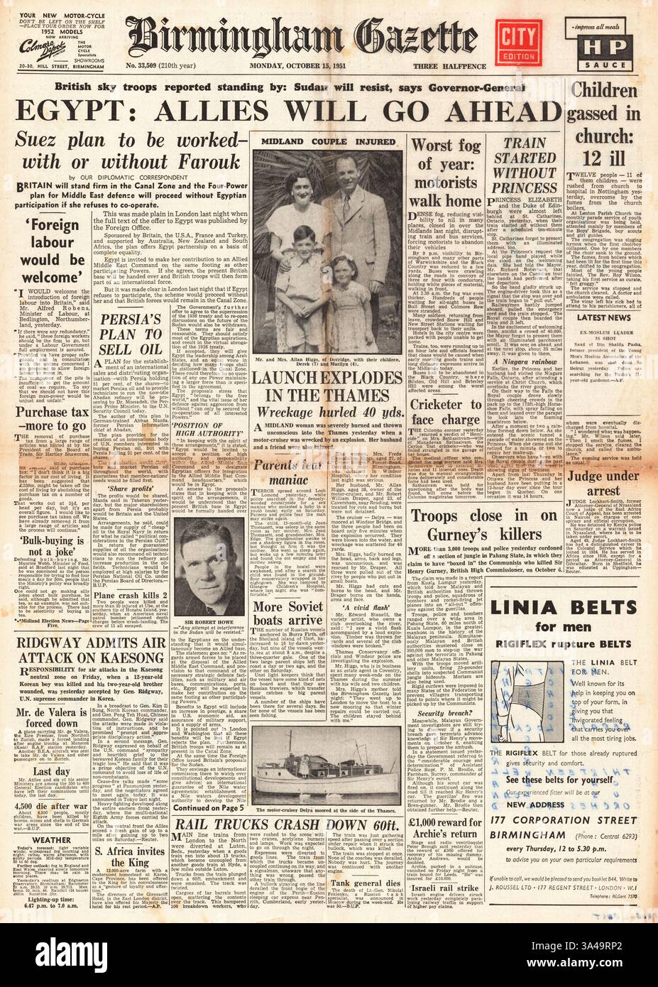 1951 Birmingham Gazette front page reporting British control Suez Canal ...