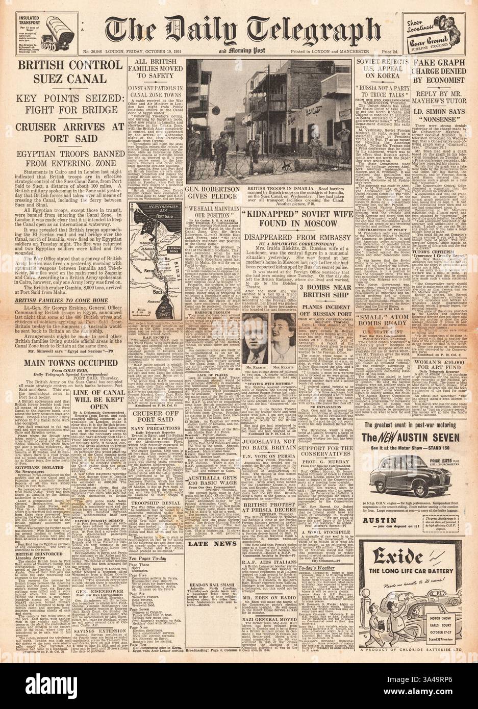 1951 Daily Telegraph front page reporting British control Suez Canal ...
