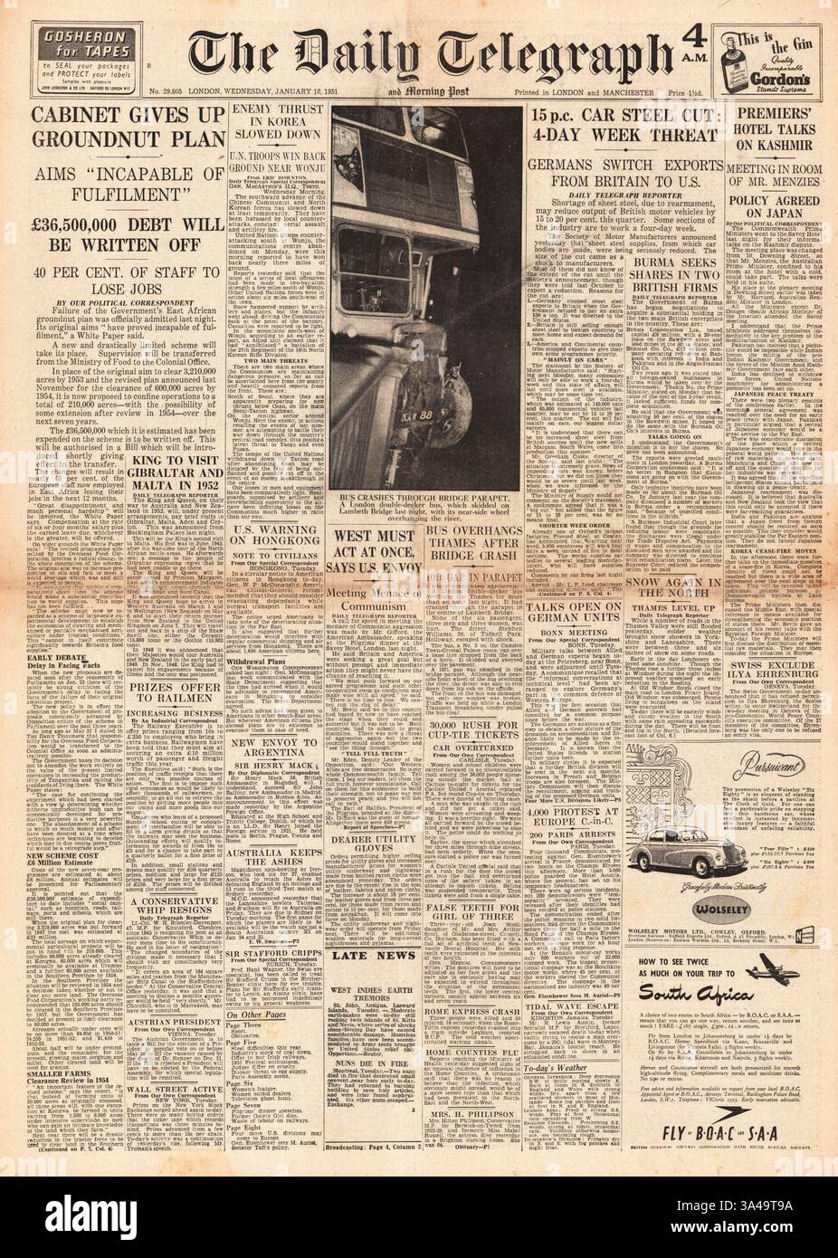 1951 Daily Telegraph front page reporting the Groundnut scheme Stock ...