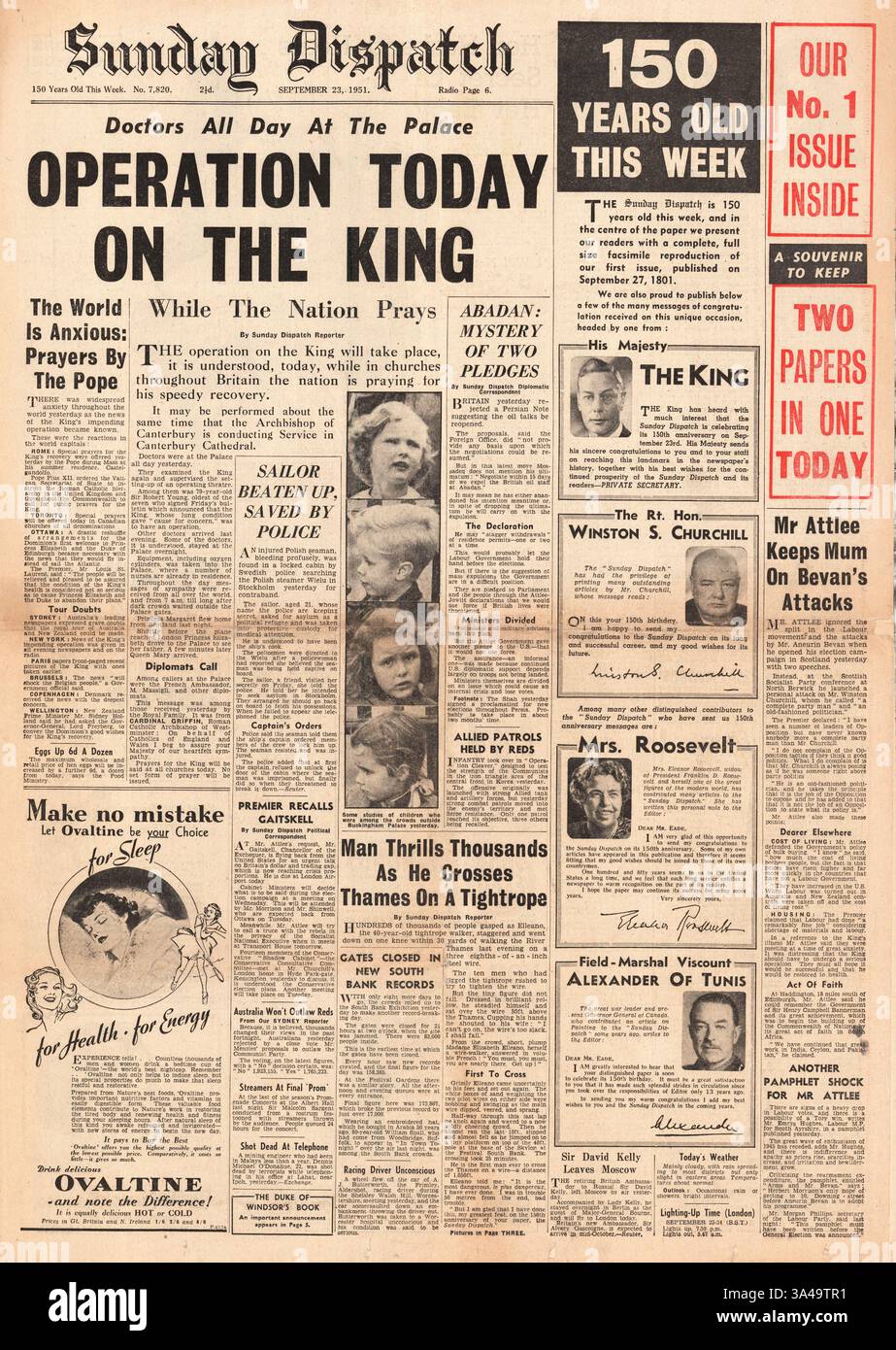 1951 Sunday Dispatch front page reporting Operation for King George VI ...