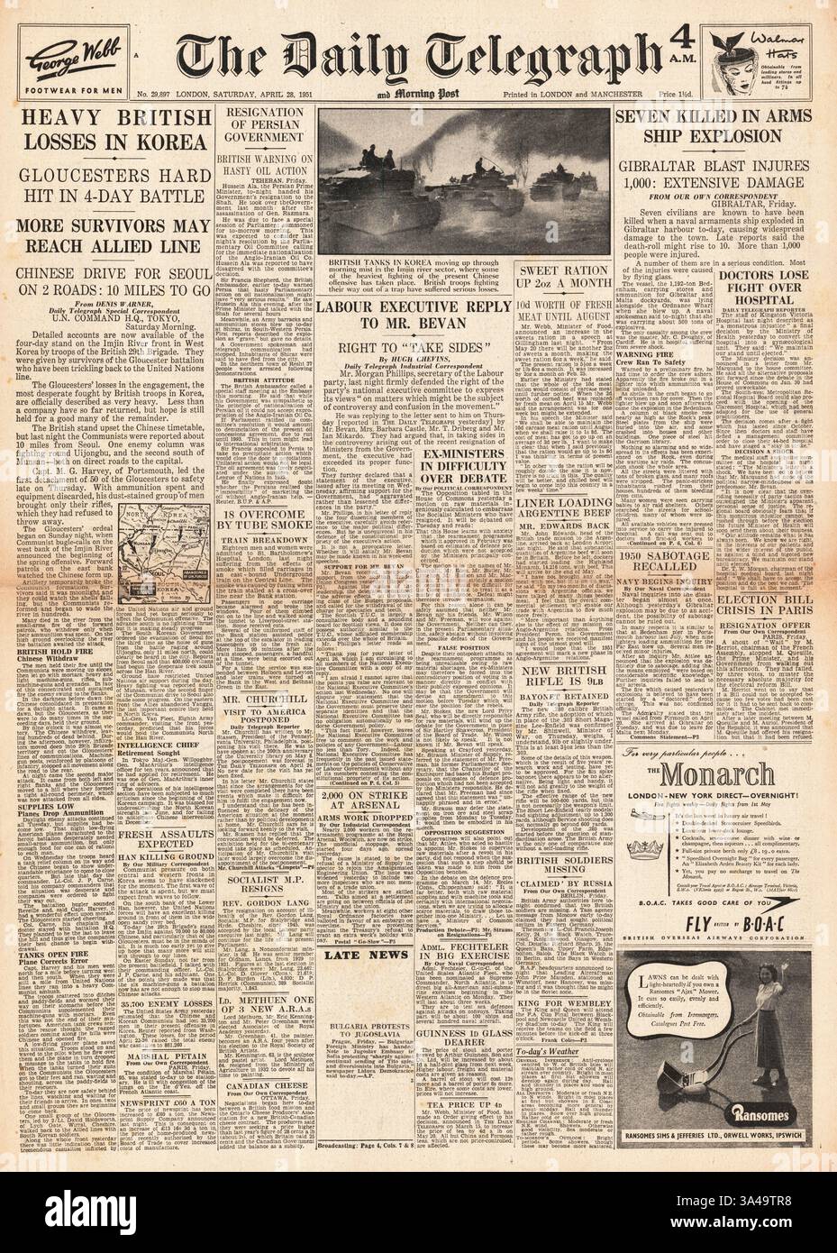 1951 Daily Telegraph front page reporting Korean War and arms ship ...