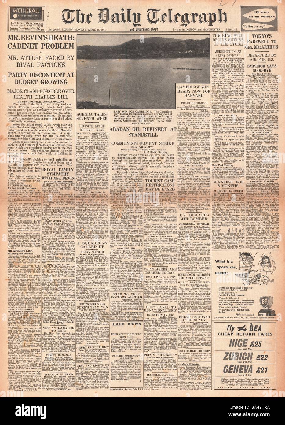 1951 Daily Telegraph front page reporting death of Ernest Bevin Stock ...