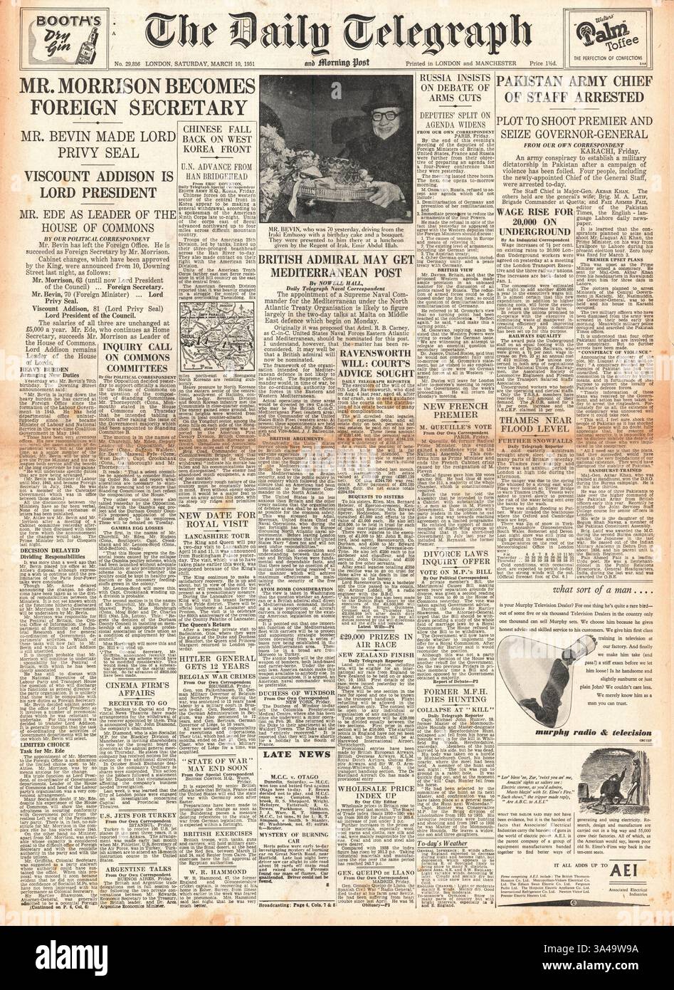 1951 Daily Telegraph front page reporting Herbert Morrison becomes new ...