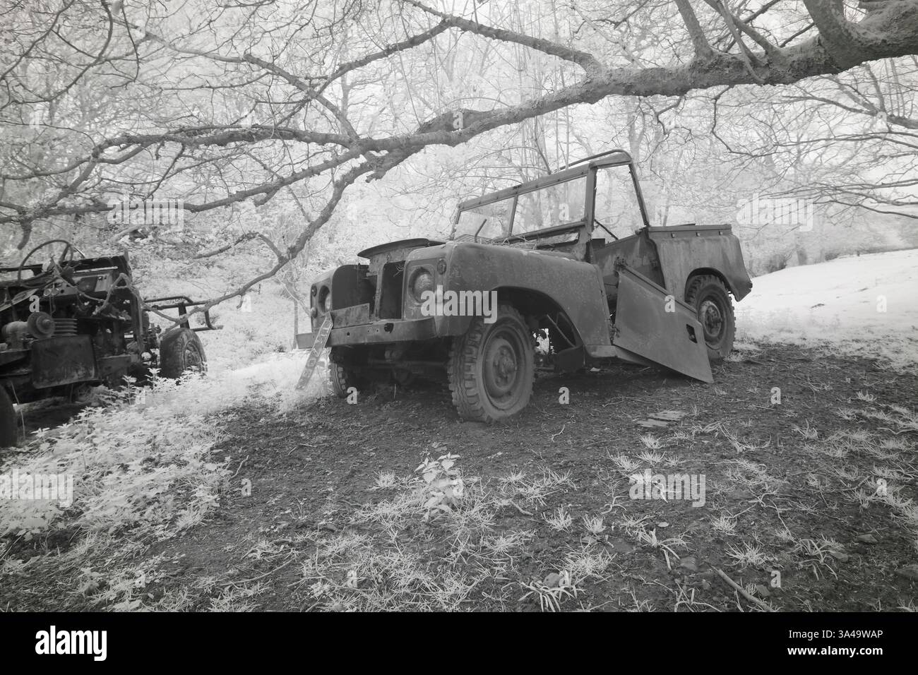 Abandoned Land Rover Defenders in a field, Infrared photography Stock ...