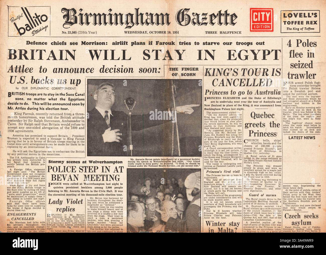 1951 Birmingham Gazette front page reporting British control Suez Canal ...