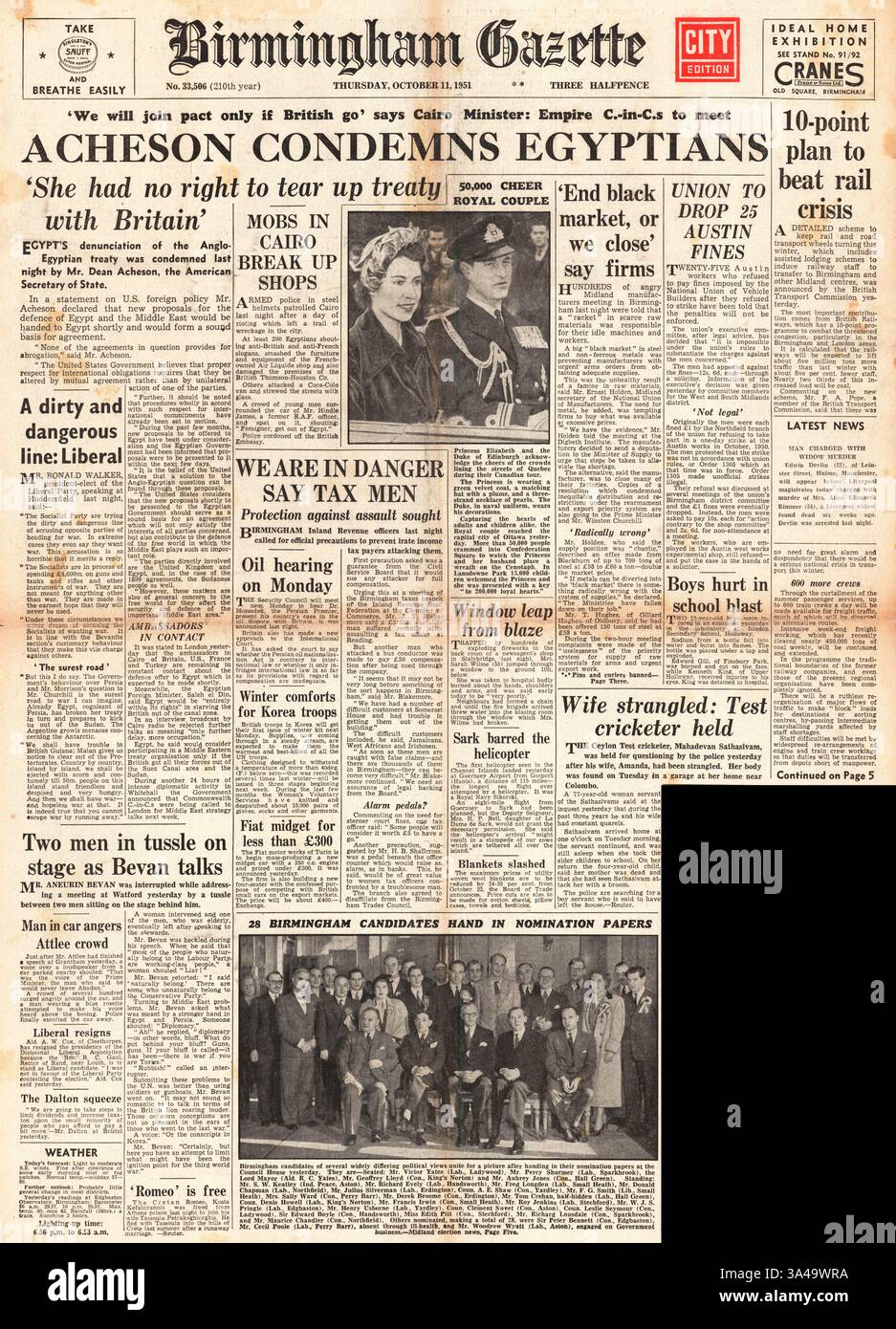 1951 Birmingham Gazette front page reporting British control Suez Canal ...