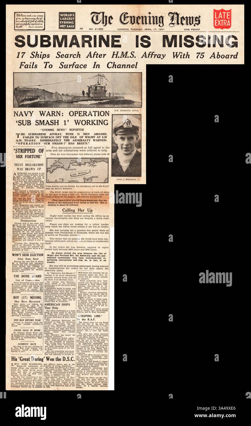 1951 Evening News (London) front page reporting the HMS Affray disaster ...