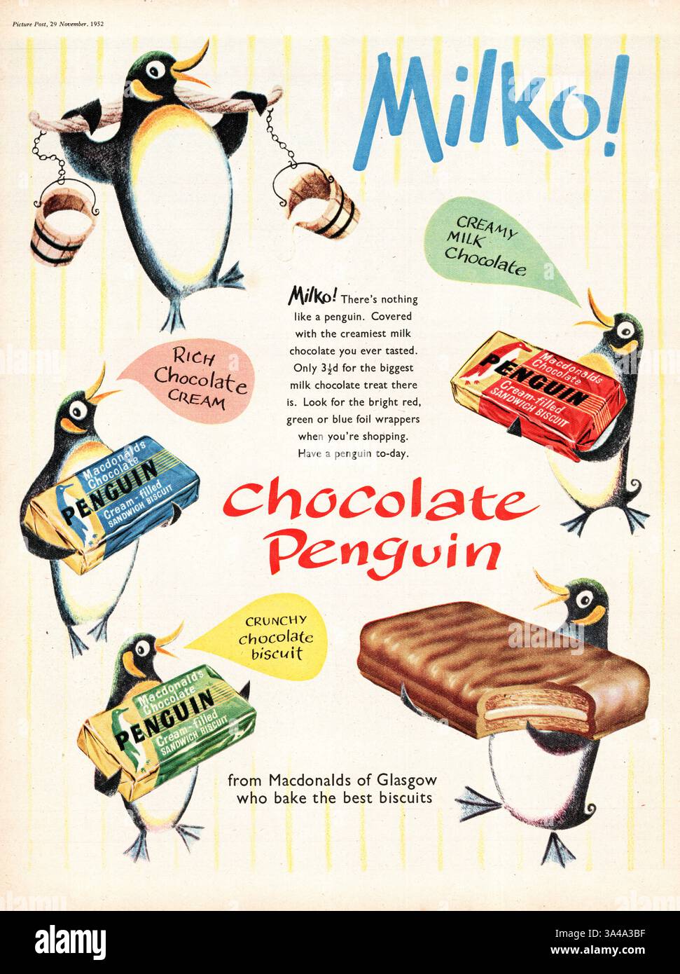1952 UK magazine advert Macdonalds Chocolate Penguin biscuit Stock ...