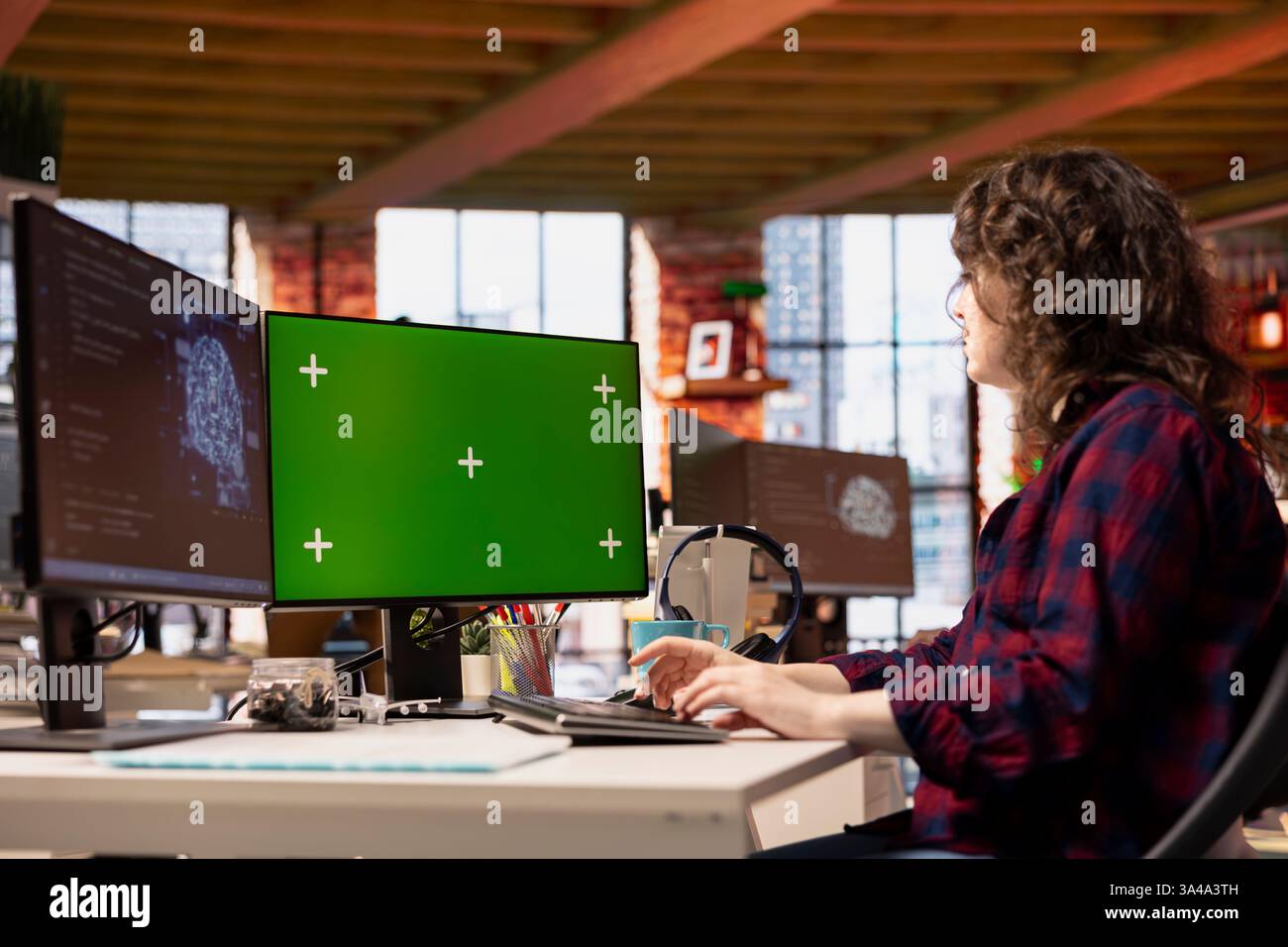 Computer scientist using isolated screen PC working with artificial intelligence technology in ...