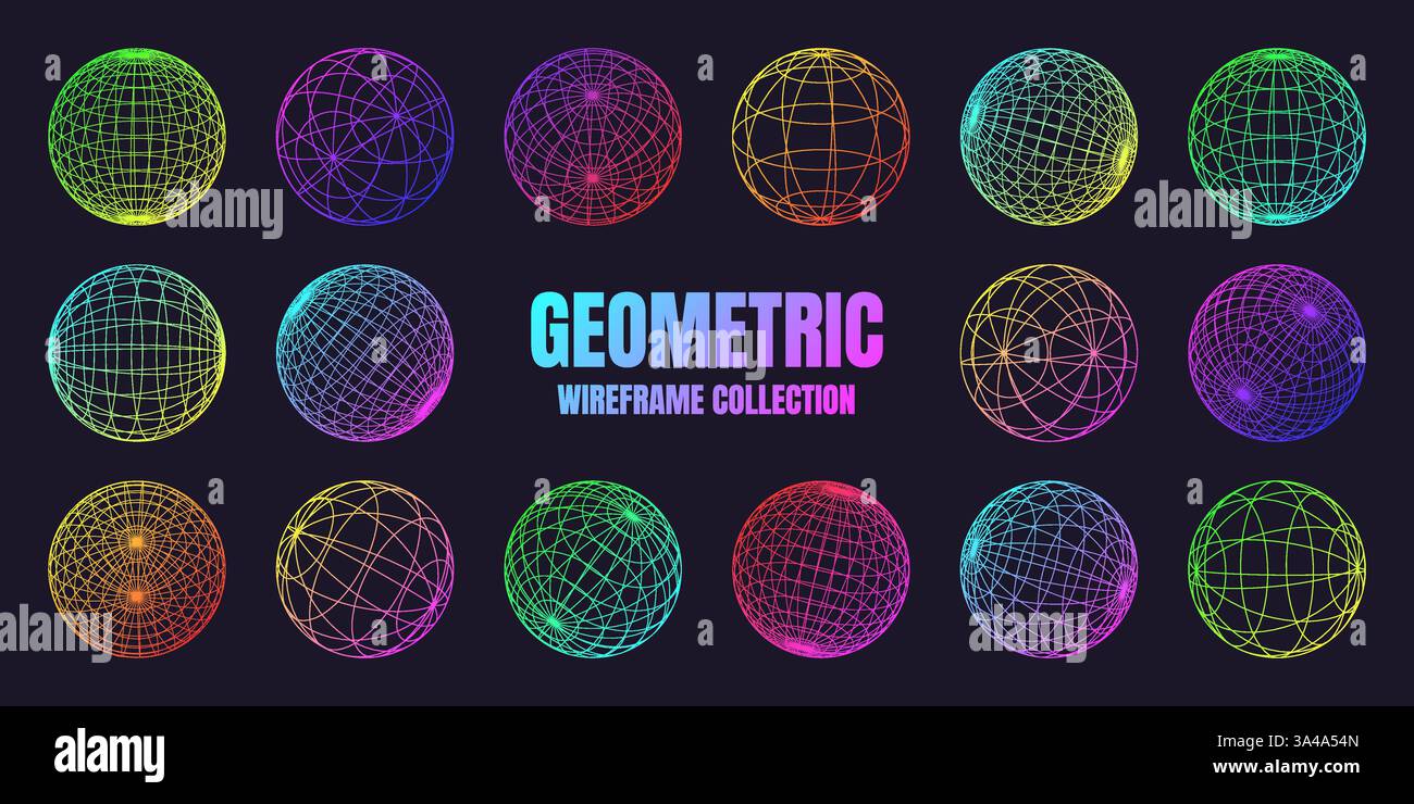 Neon wireframe shapes, lined sphere. Perspective mesh, 3d grid. Low ...